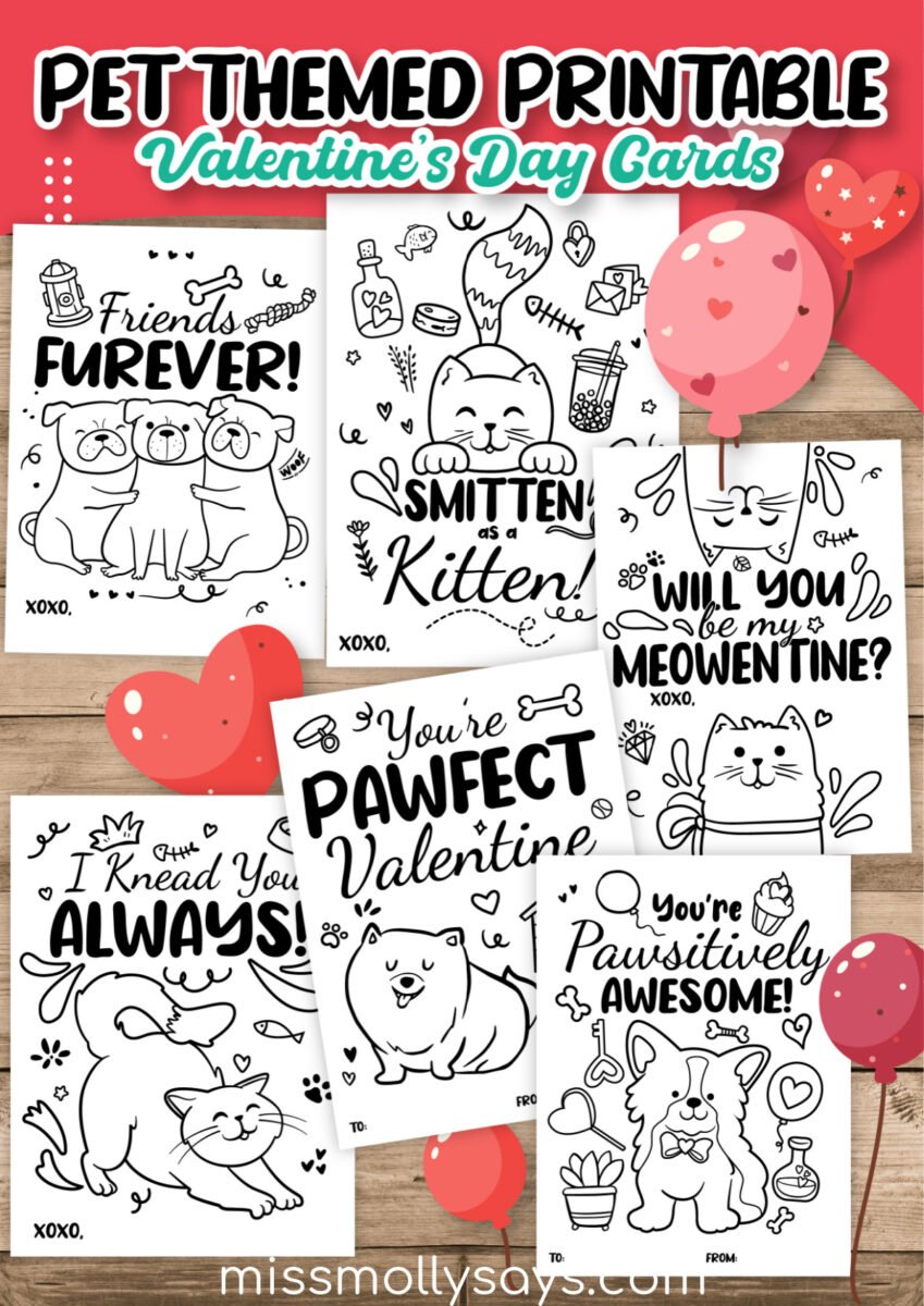 Printable Color Your Own Pet-Themed Valentine's Day Cards!- Miss Molly Says