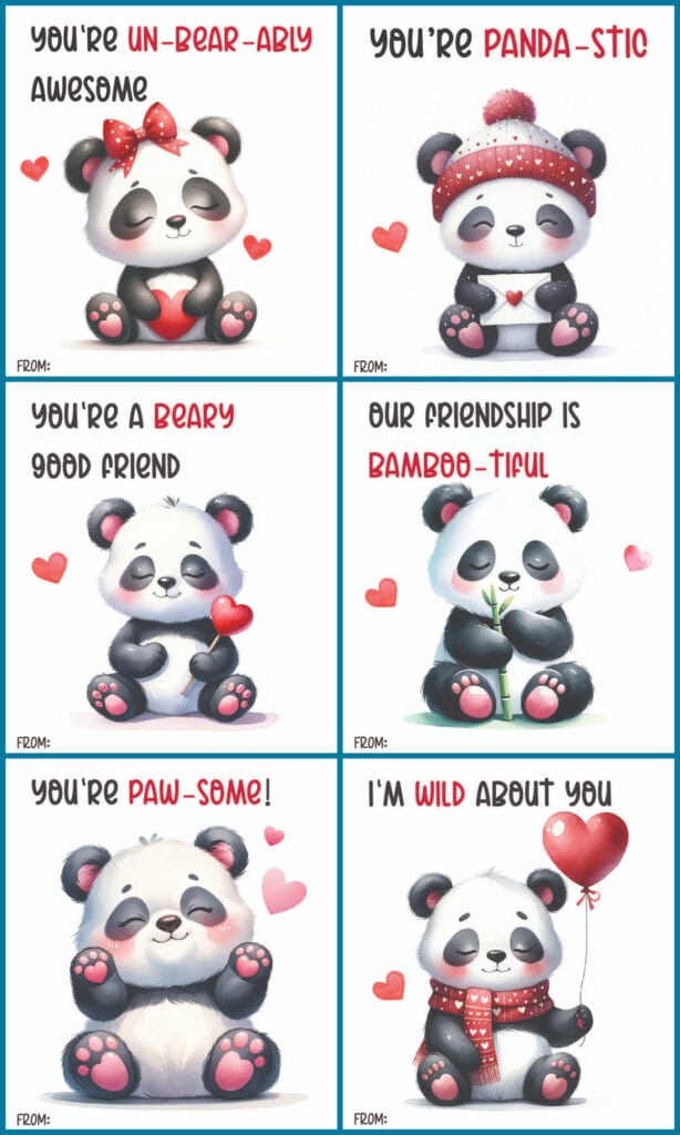 Free Printable Panda Valentine Cards for Kids - Miss Molly Says